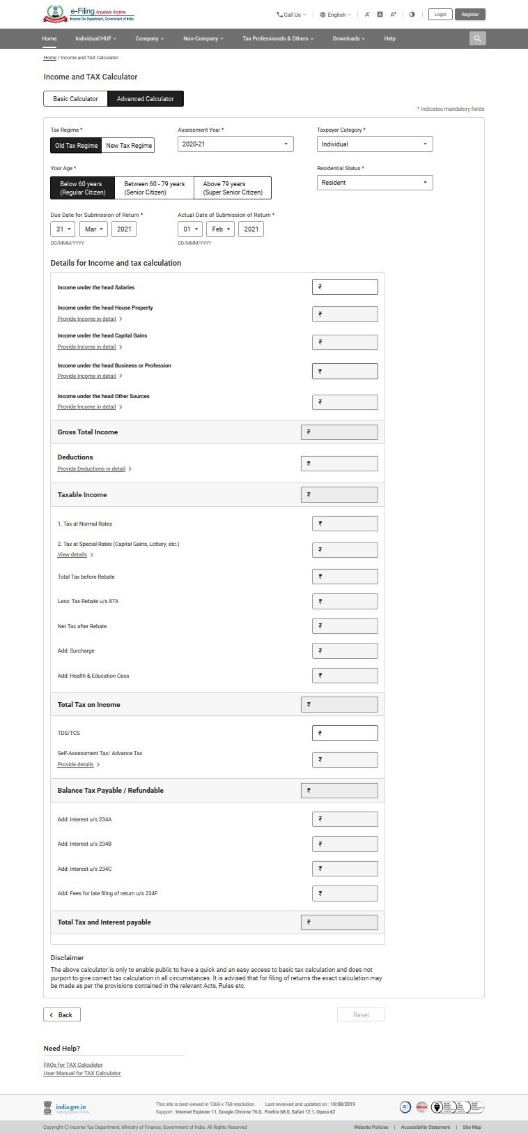 Income and Tax Calculator Income Tax Department